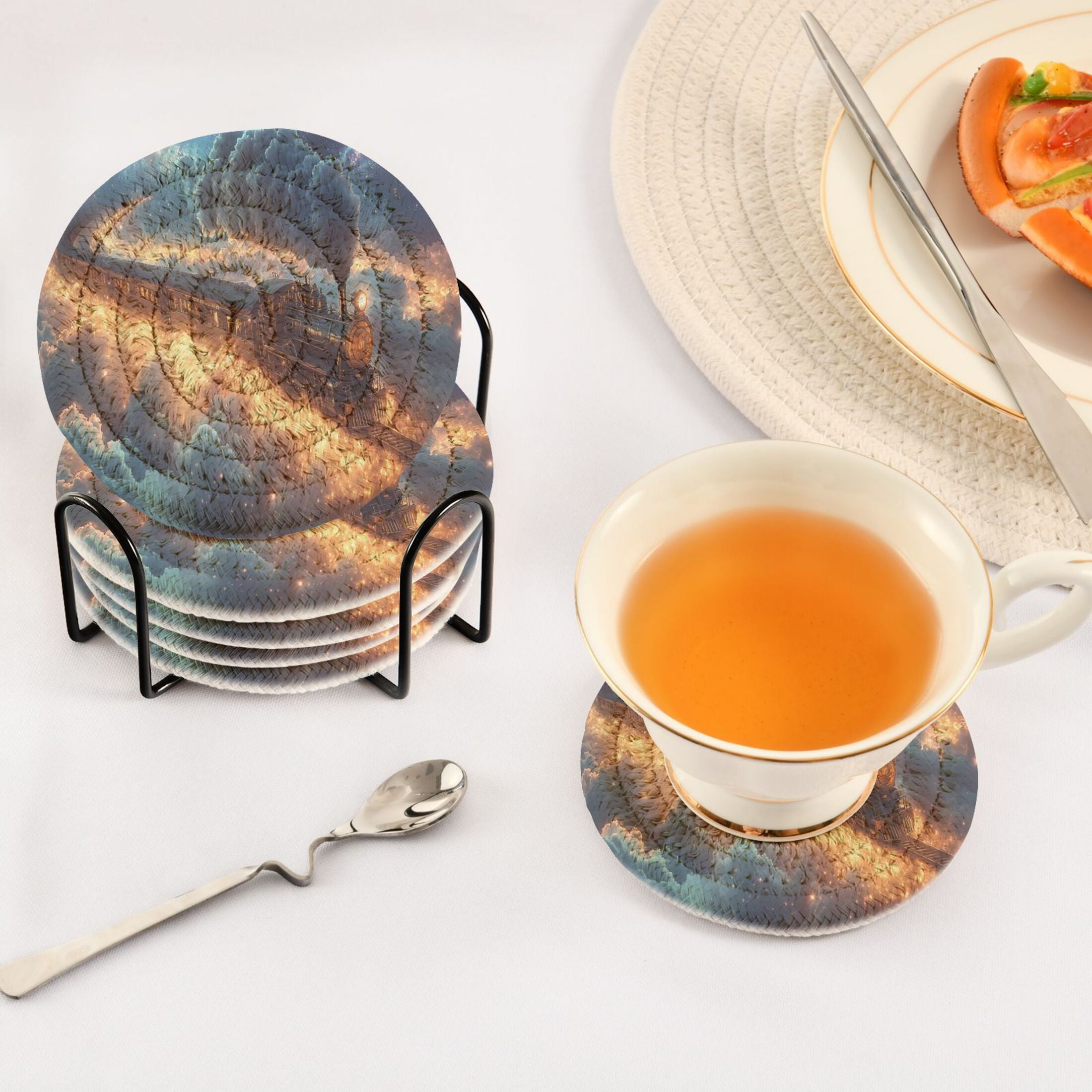 YAZAOO 6Pcs Drink Coasters With Holder 3.94Inch Train Traveling Through ...