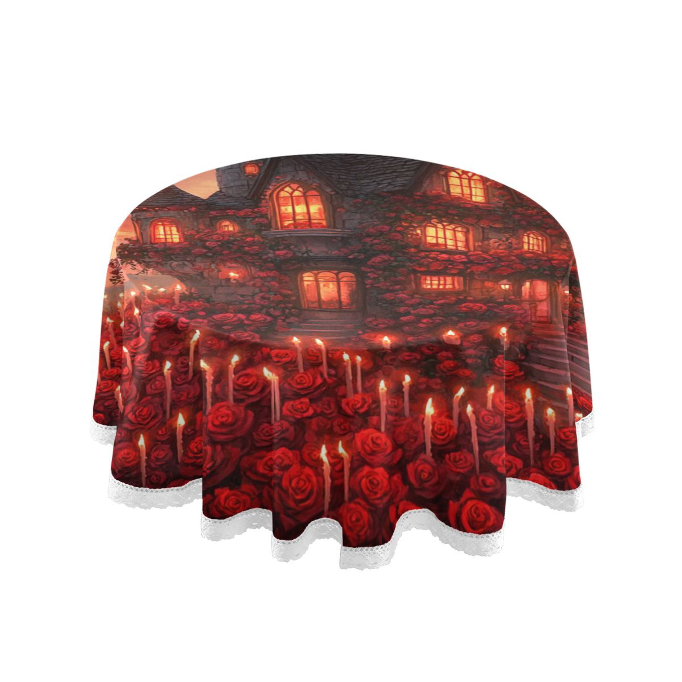 YAZAOO Round Tablecloth Gothic House with Roses Candles Pattern ...