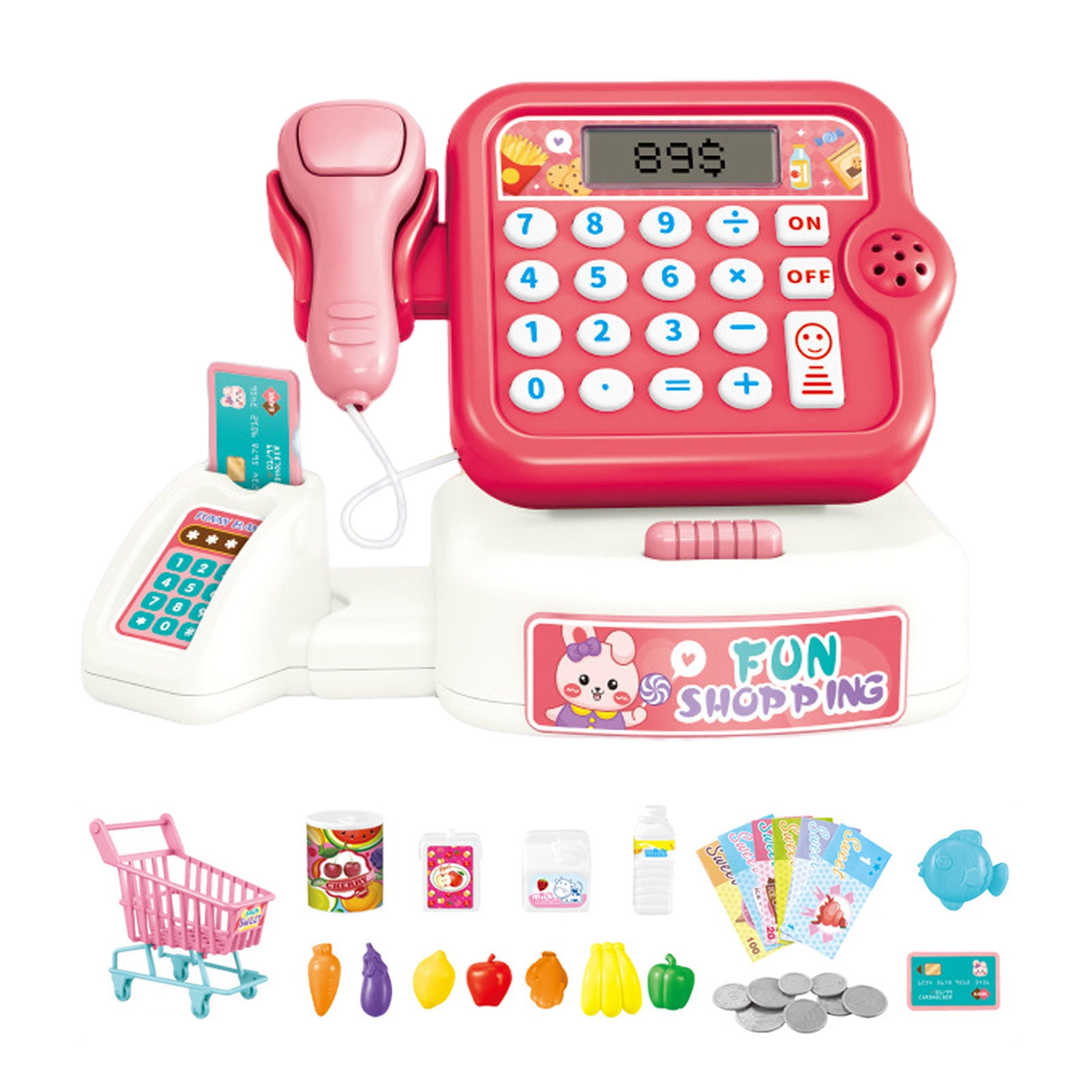 KUNyu 1 Set Kids Cash Register Toy with Calculator Scanner Basket Coins Food Grocery Toy ...