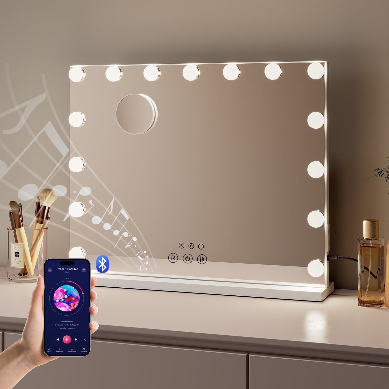 KOUSE Bluetooth Audio Makeup Mirror with LED Light - 3 Color Modes ...