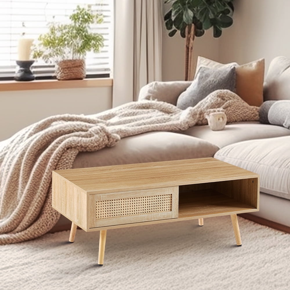 KUUFER 41" Rectangle Rattan Coffee Table for Living Room, Solid Wood ...