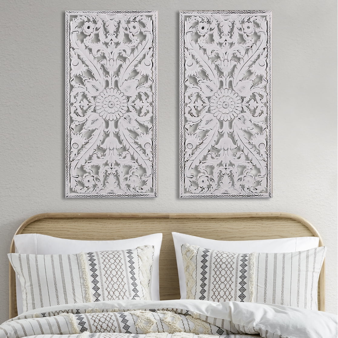 KUUFER Botanical Panel Distressed Carved Wood 2-piece Wall Decor Set ...