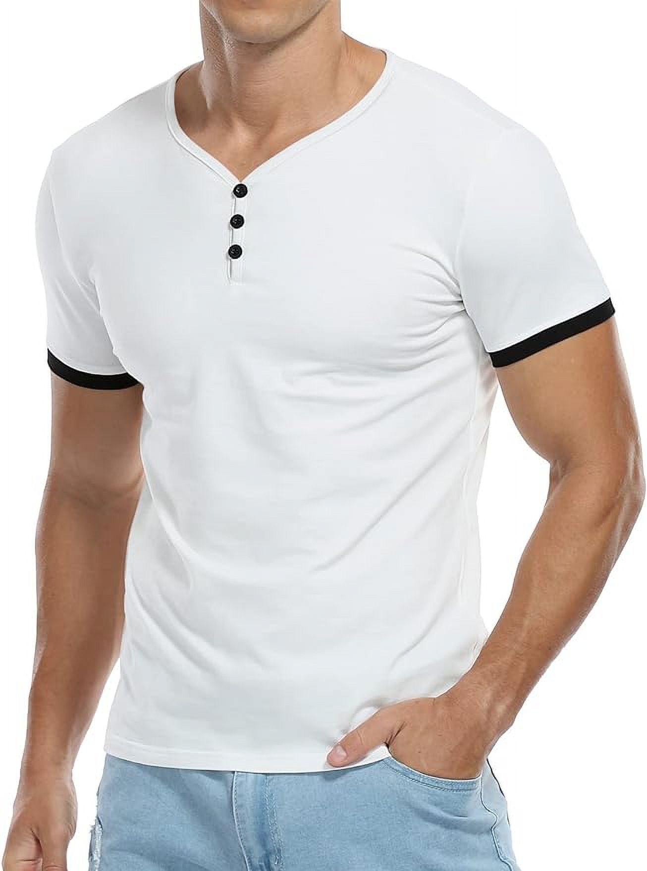 Kuyigo Mens Short Sleeve Henleys T Shirts Buttons Placket Plain Cotton