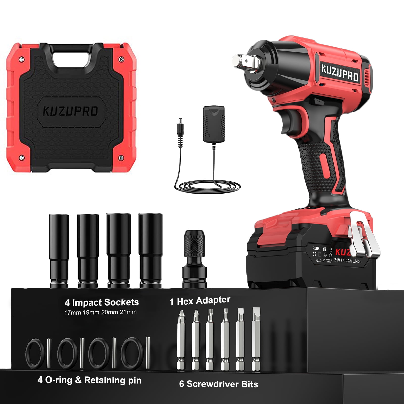 KUZUPRO Cordless Impact Wrench, Power Impact Gun 21V, 1/2 Inch, 4.0Ah ...