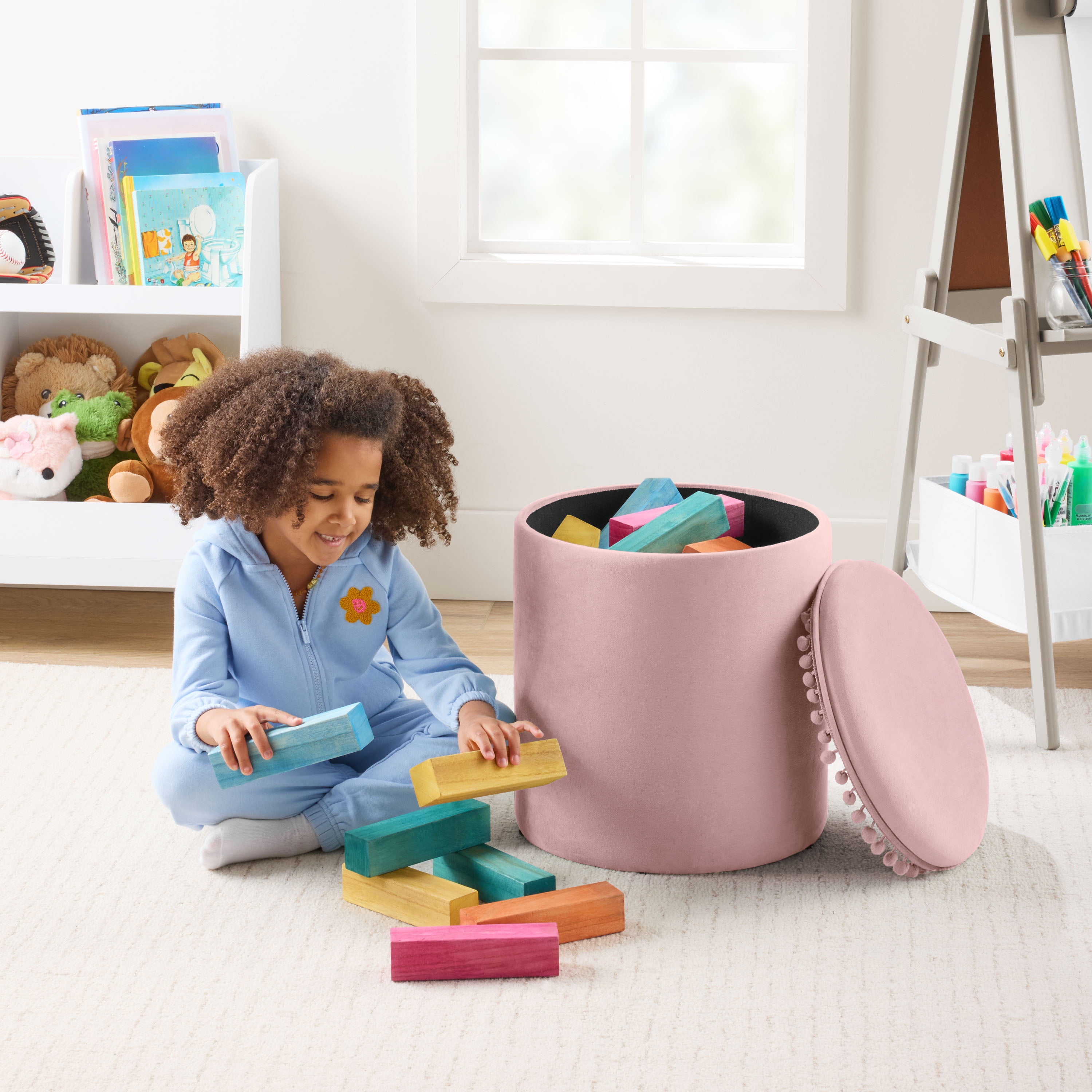 Kvell Pom Pom 15" Kids Storage Ottoman, Velvet Upholstery, Blush - Walmart.com