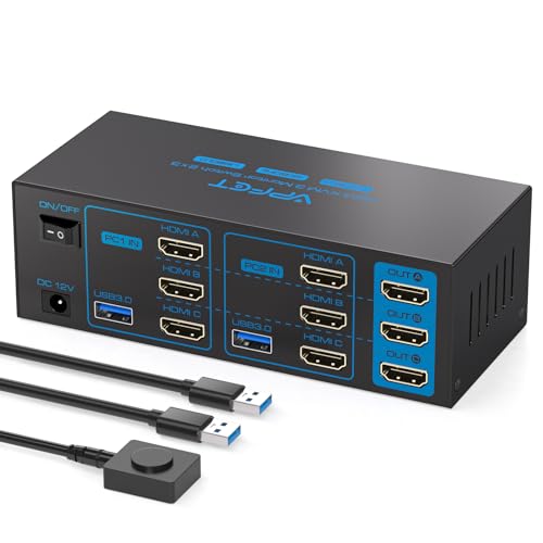 KVM Switch 3 Monitors 2 Computers HDMI 4K60Hz USB3.0 KVM Switch 2 Ports ...