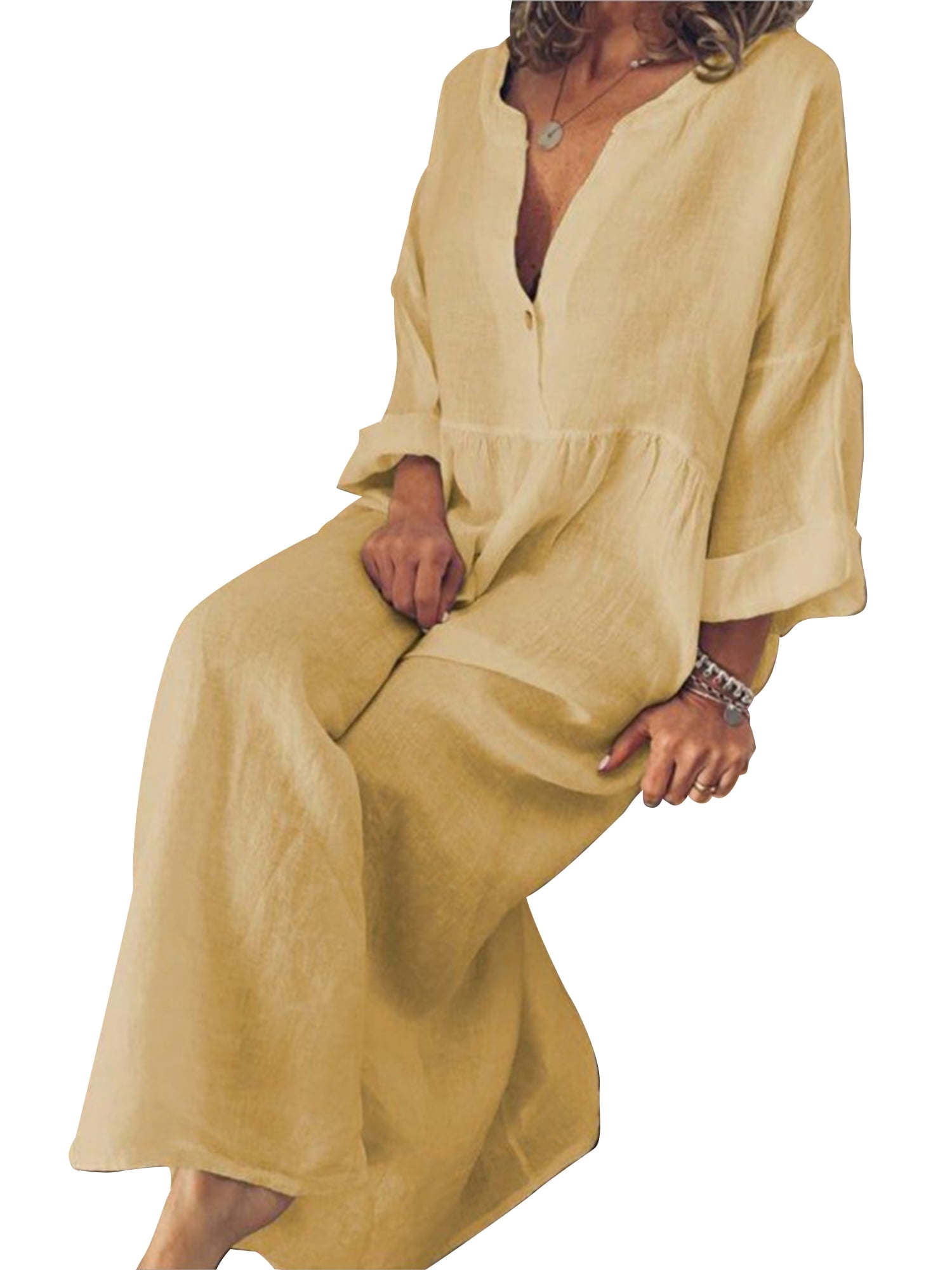 KVMeteor Women Cotton Linen Long Sleeve Loose Maxi Dress Plus Size ...