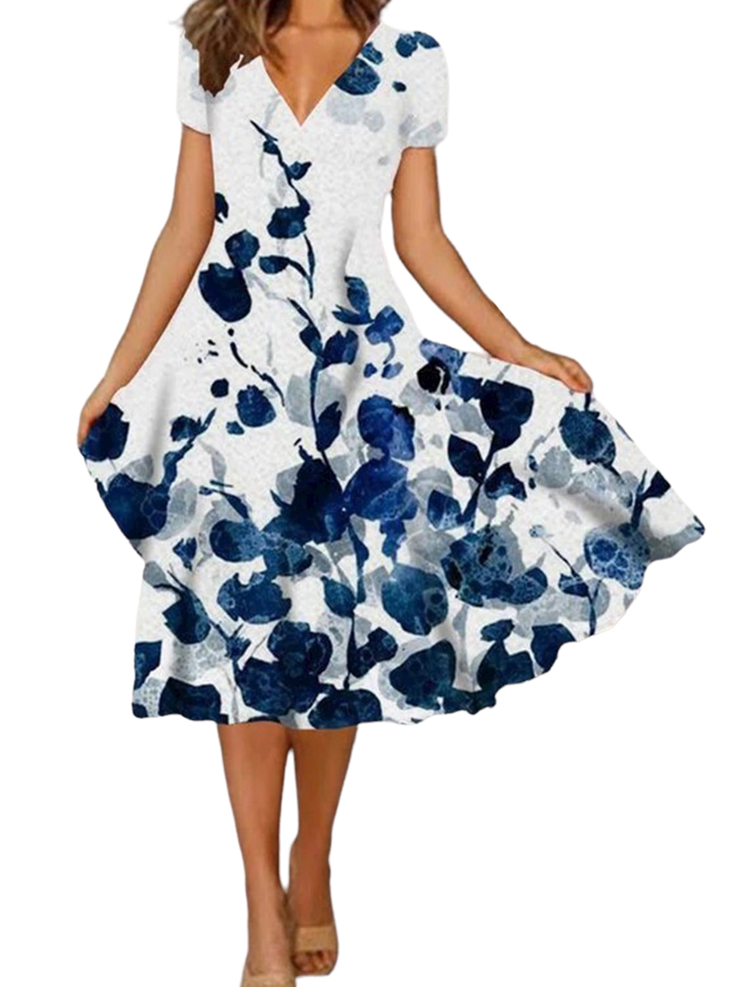 KVMeteor Women Summer Short Sleeve Dress Boho Print Swing Midi Dress ...