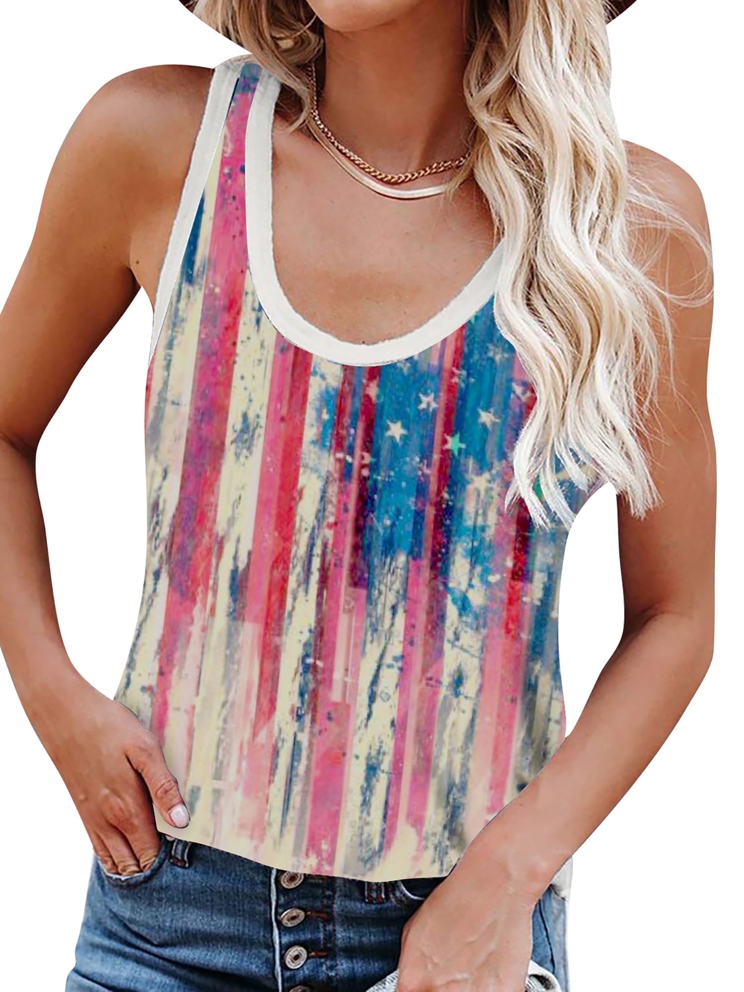 KVMeteor Women's American Flag Sleeveless Tank Tops 4th of July Stripes ...
