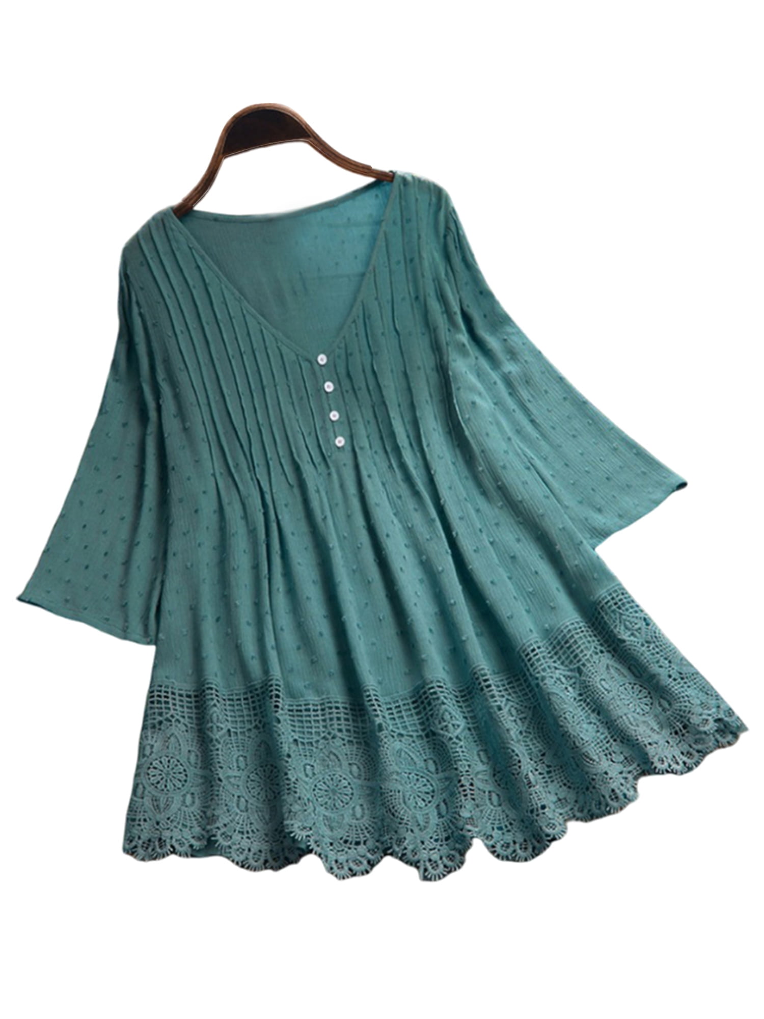 KVMeteor Womens Plus Size 3/4 Sleeve Lace Hem A-Line Tops Casual V Neck ...