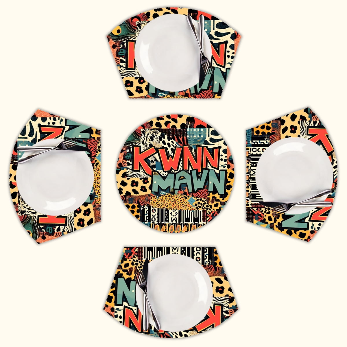 KWNN MAWN animal print collage Round Table Placemats Set Of 5 Wedge ...