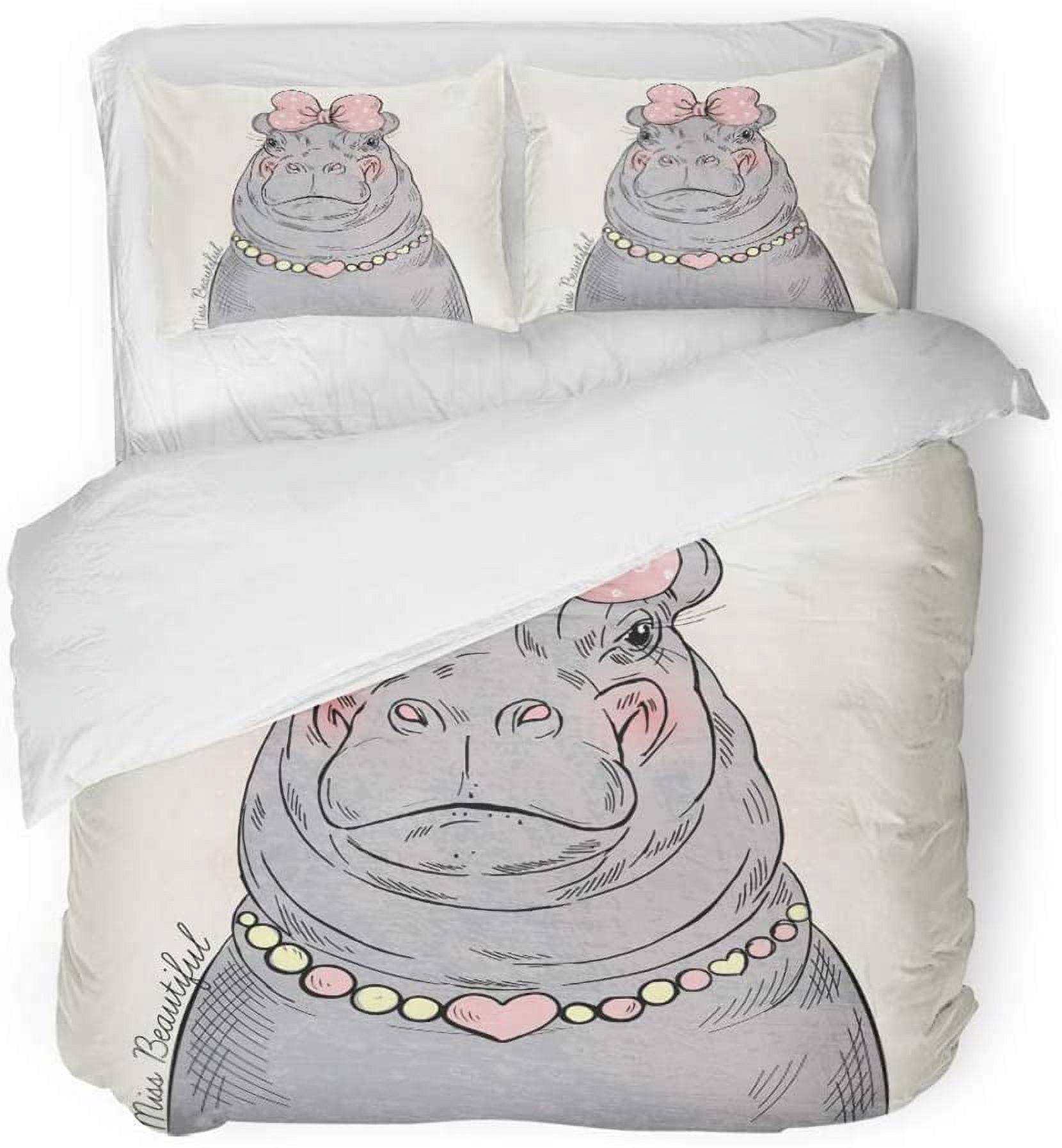 KXMDXA 3 Piece Bedding Set Accessories Cute Portrait of Hippo Girl with ...