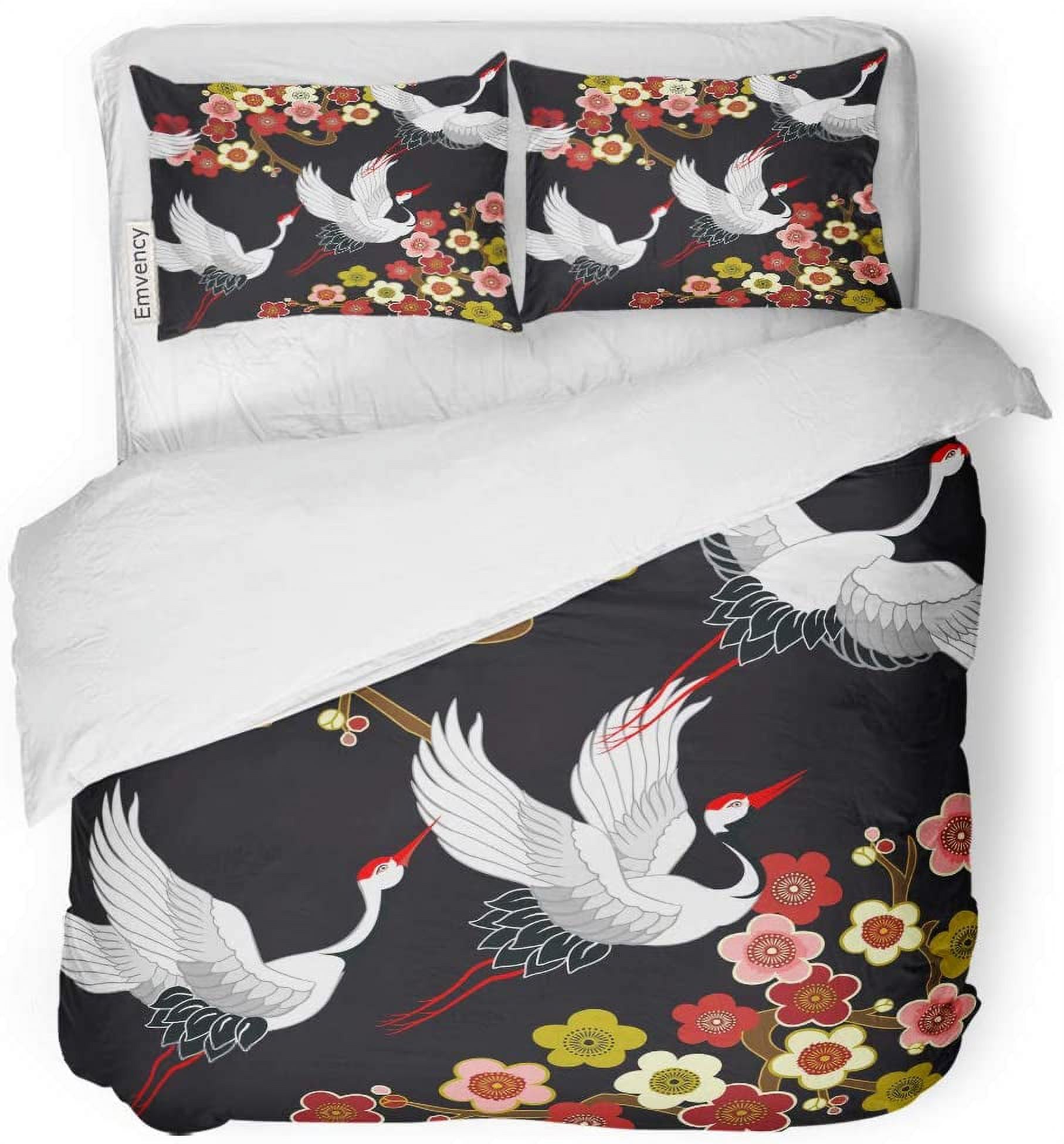 KXMDXA 3 Piece Bedding Set Blue Flying Birds Crane Heron Pattern Oriental Motifs Twin Size Duvet ...