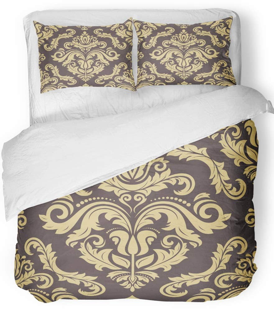 KXMDXA 3 Piece Bedding Set Brown Damask Classic Golden Pattern ...
