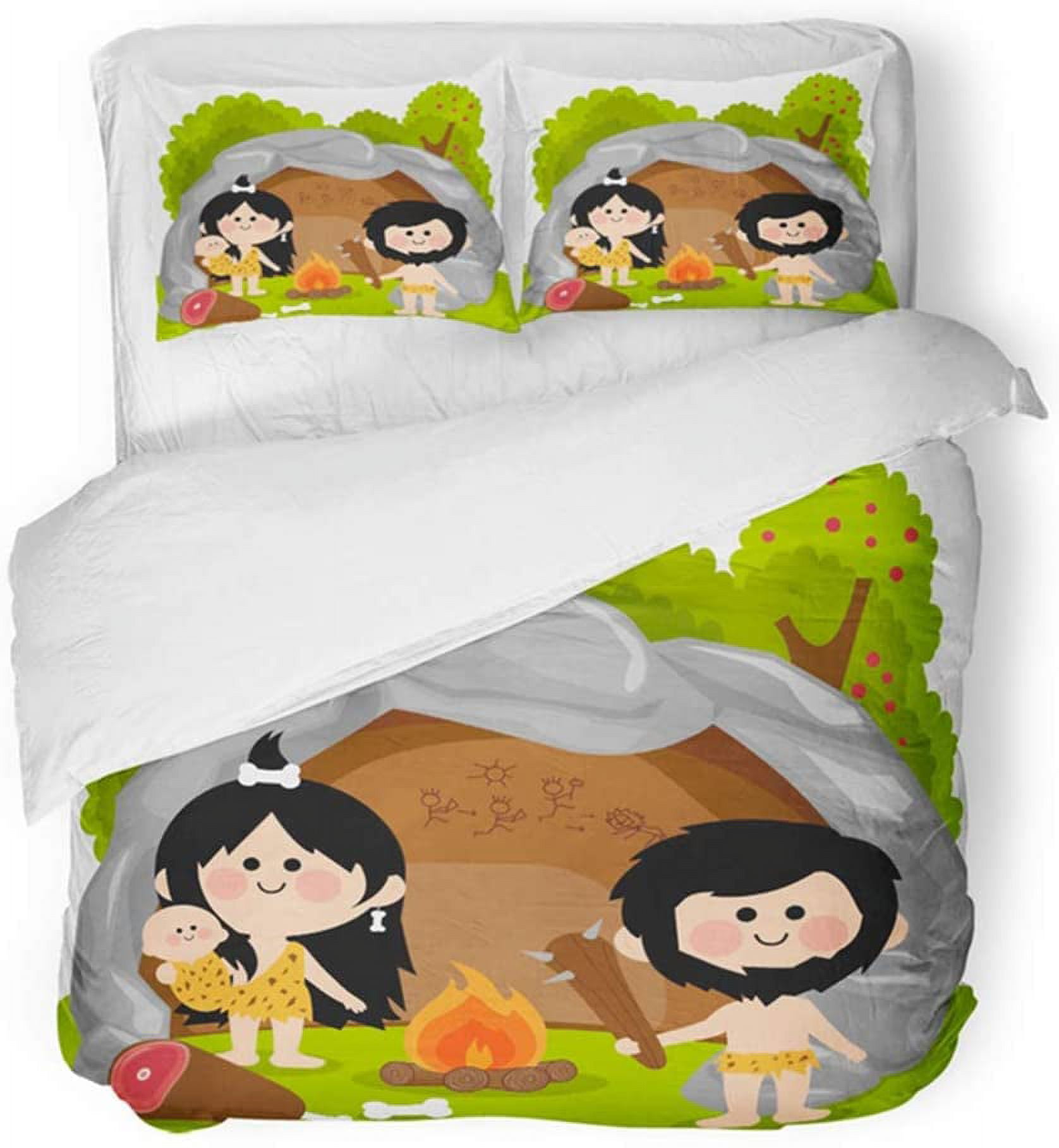 KXMDXA 3 Piece Bedding Set Caveman Cavemen Family in Stone Cave Fire ...