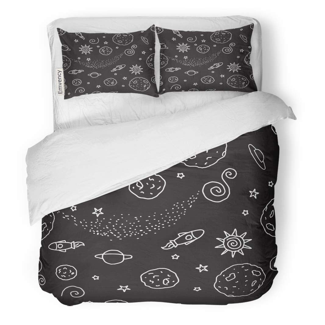 KXMDXA 3 Piece Bedding Set Pattern Doodle Black and White Space Planets ...