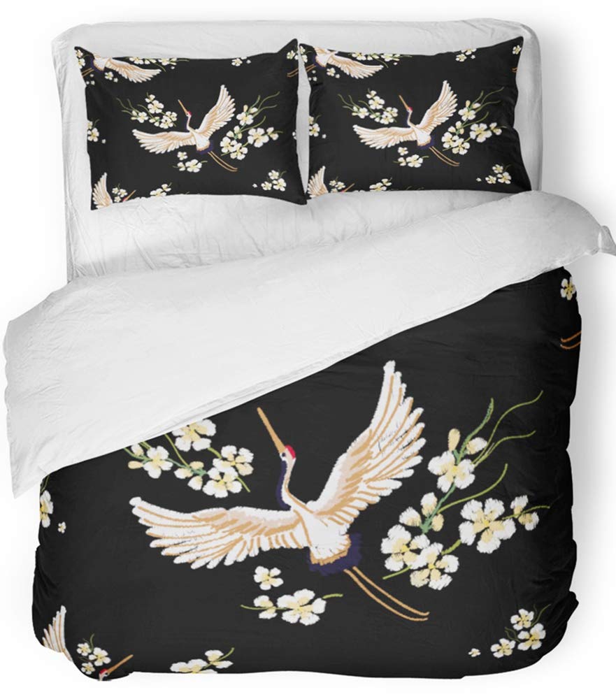 KXMDXA 3 Piece Bedding Set Red Colorful Floral with Flowers White Crane Traditional on Bird Twin ...