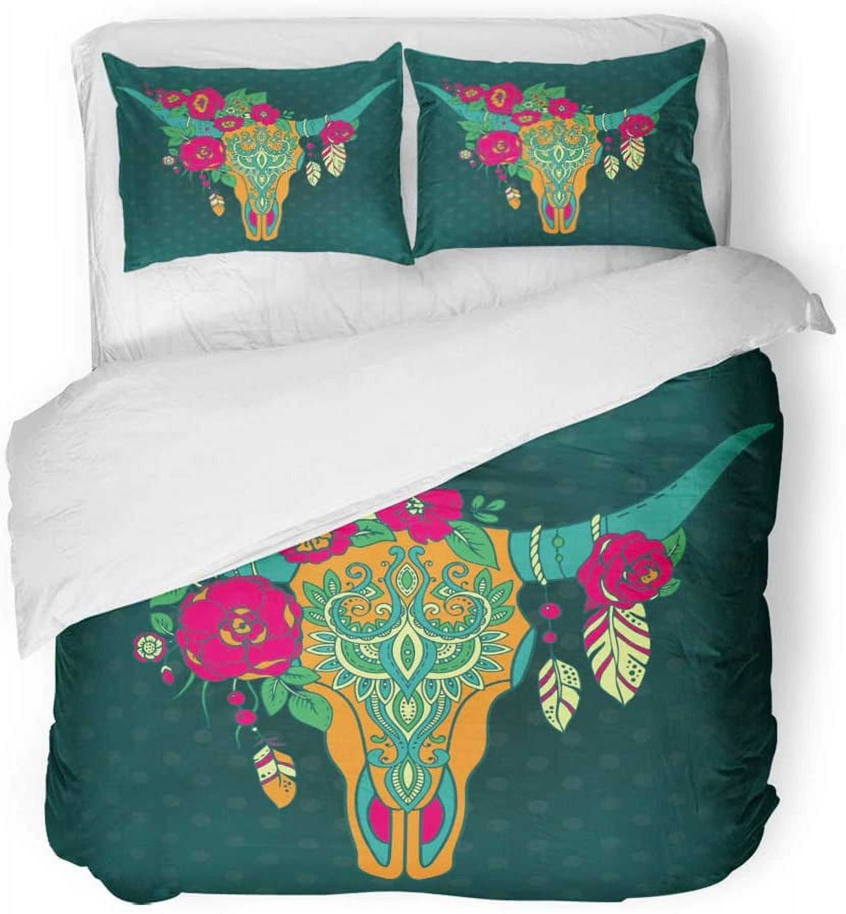 KXMDXA 3 Piece Bedding Set Red Cow Bull Skull with Feathers Flowers and ...