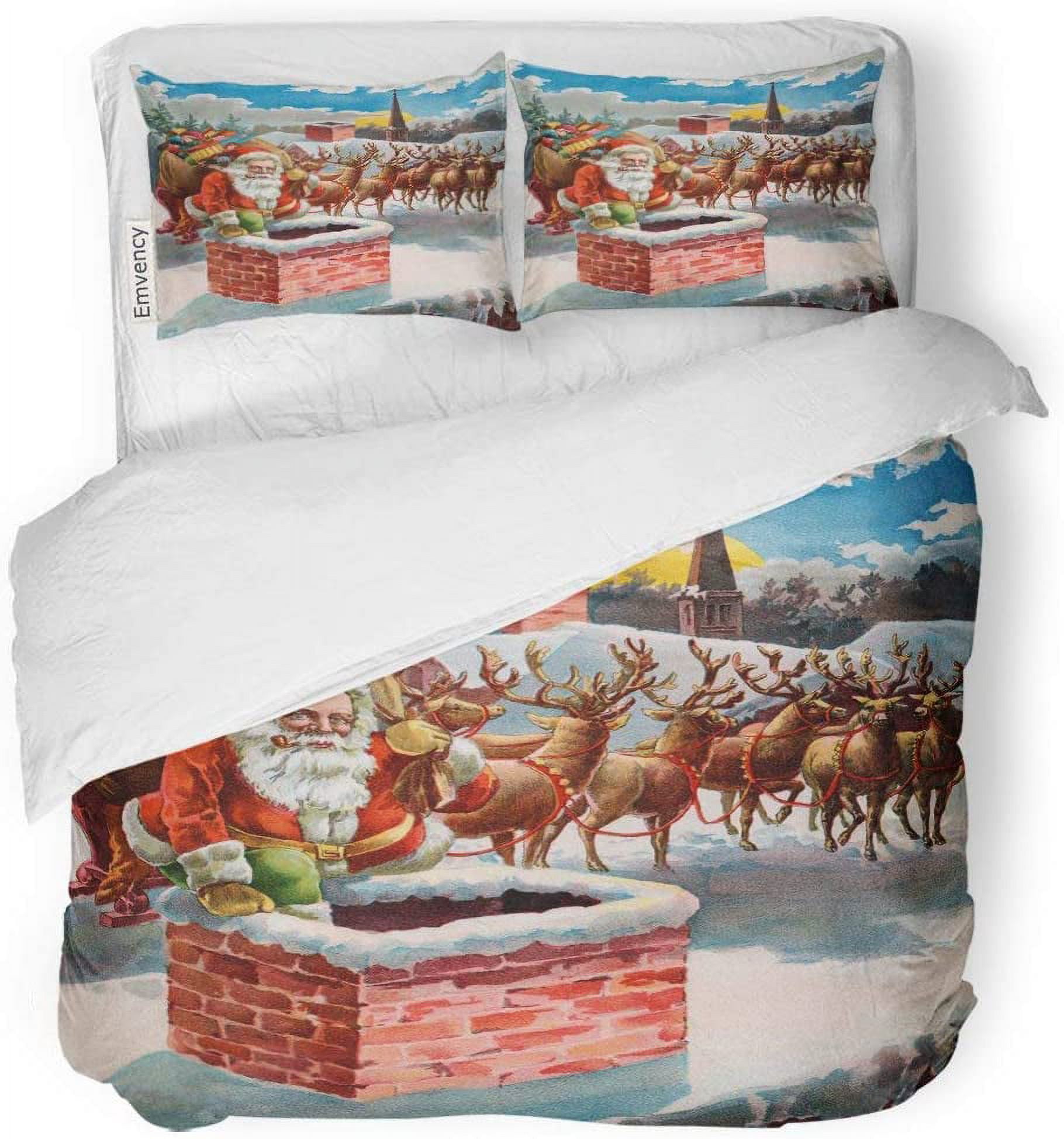 KXMDXA 3 Piece Bedding Set Red Vintage Santa Reindeer and Sleigh Roof ...
