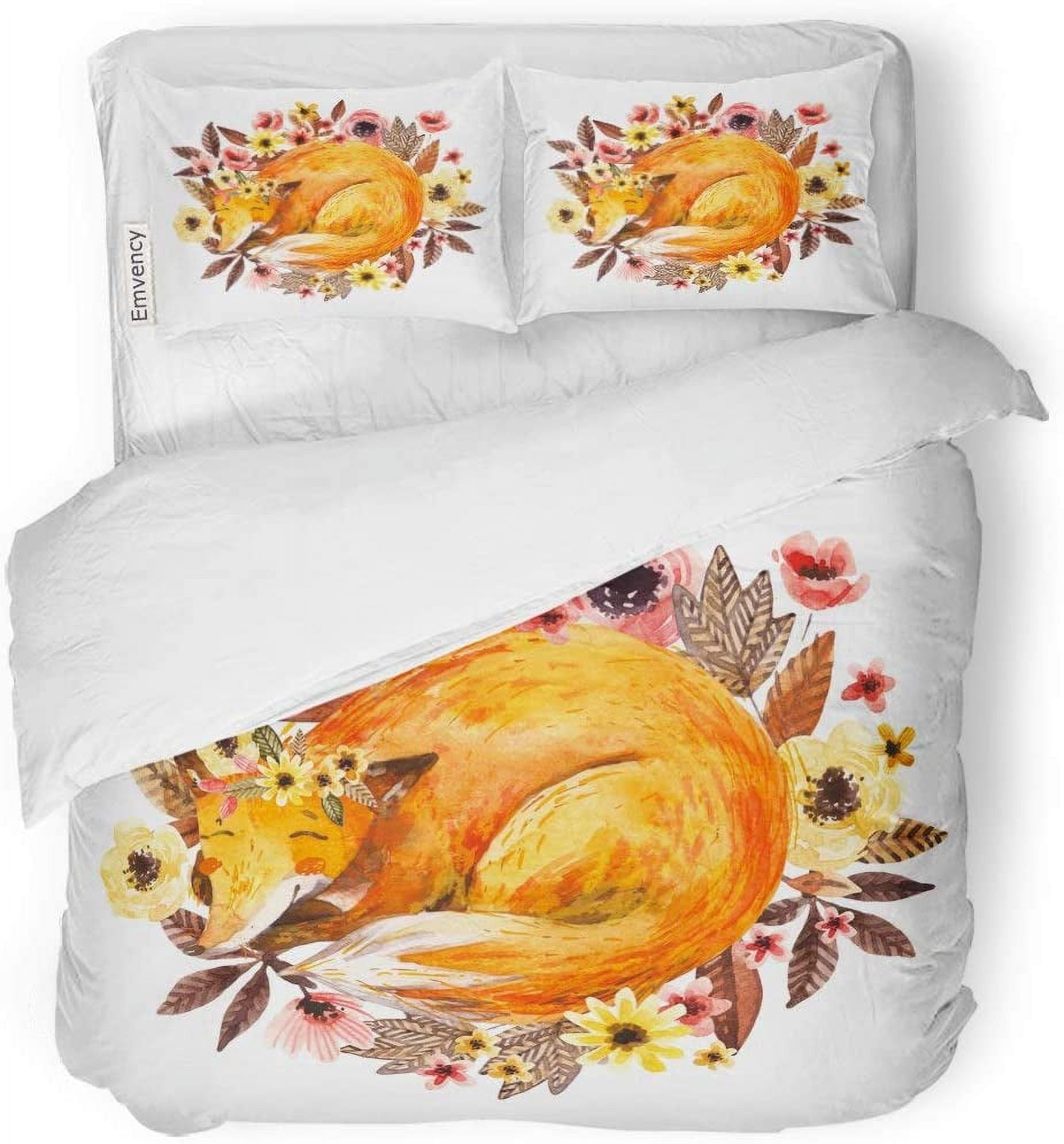 KXMDXA 3 Piece Bedding Set Watercolor Sleeping Fox Among Flowers Cute ...