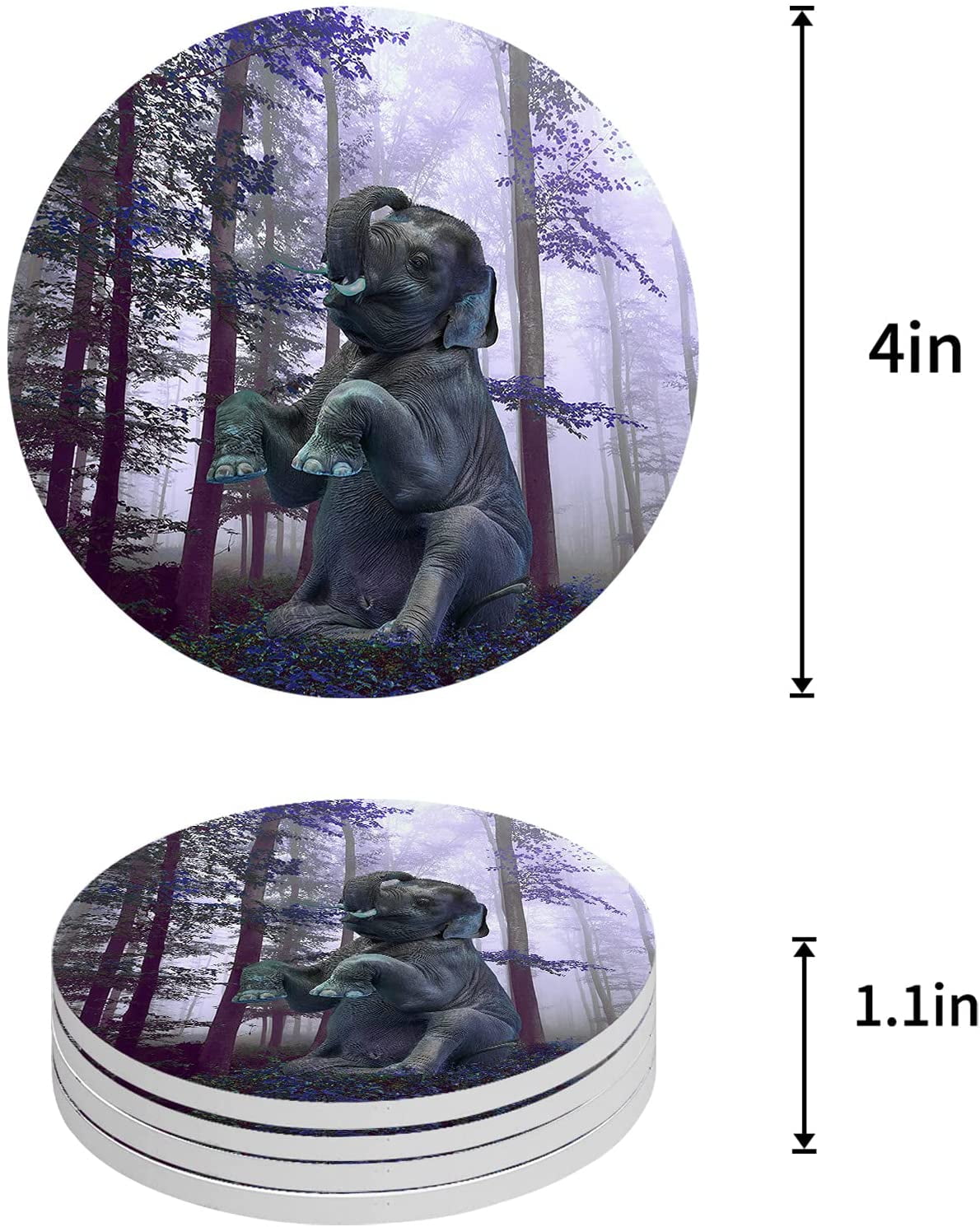 KXMDXA Autumn Happy Elephant in Purple Forest Set of 8 Round Coaster ...