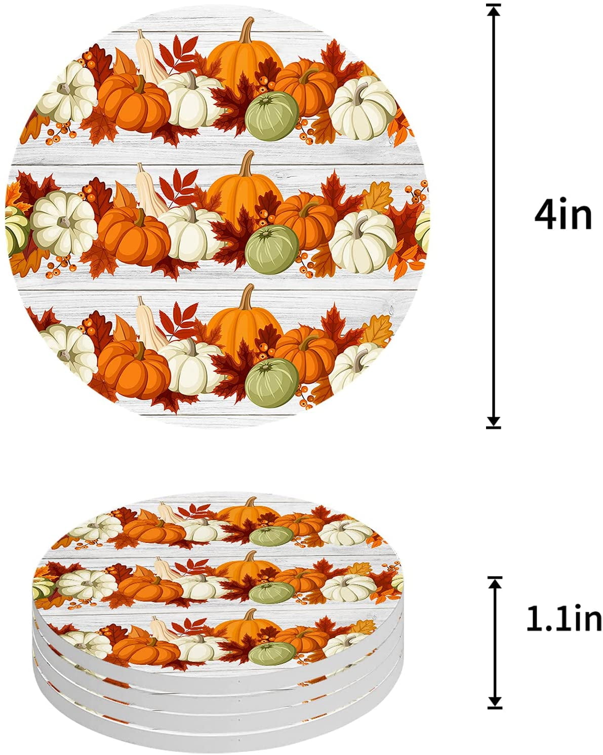 KXMDXA Autumn Harvest Pumpkins Maple Leaves Wooden Grain Set of 4 Round ...