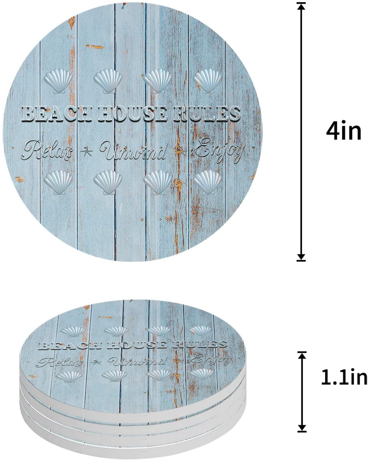 KXMDXA Beach Rule Shells Blue Retro Wood Grain Set of 4 Round Coaster ...
