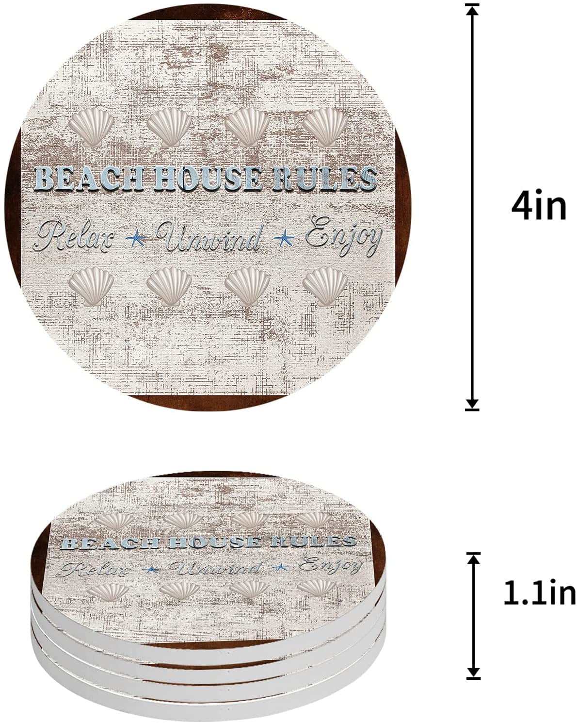 KXMDXA Beach Rules Shell Vintage Vintage Wood Grain Set of 4 Round ...