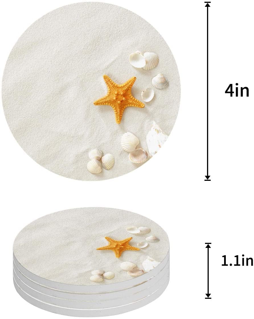 KXMDXA Beautiful Sandy Beach Seascape Starfish and Conch Set of 4 Round ...
