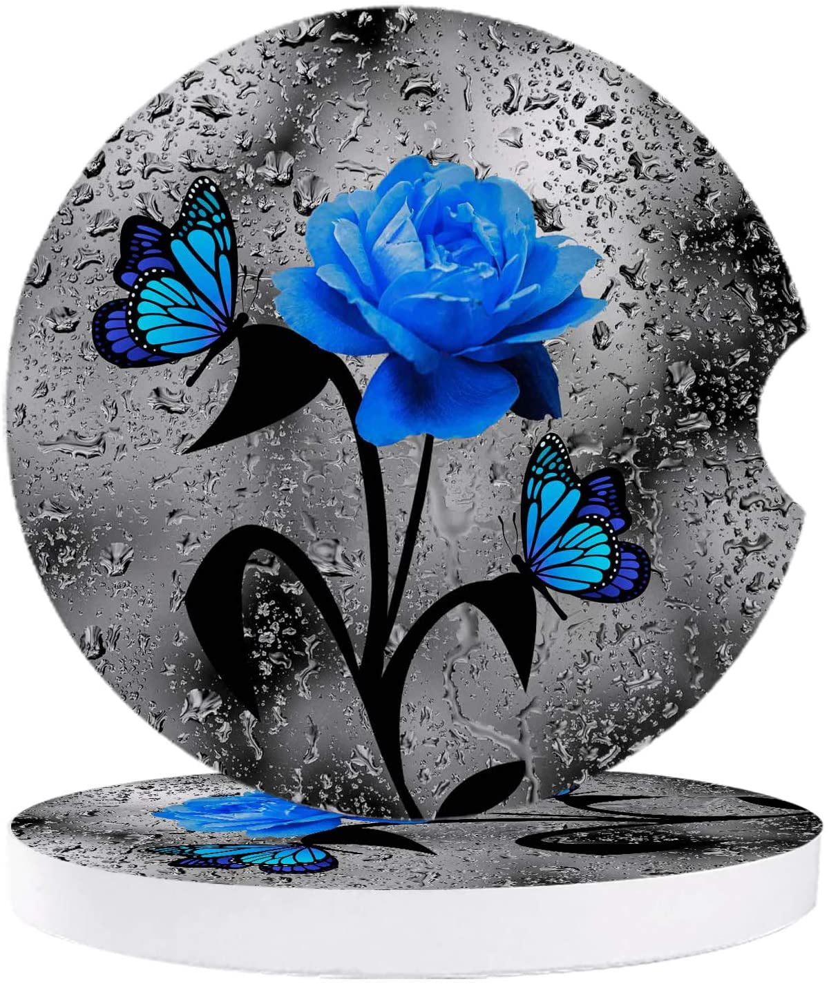 KXMDXA Blue Rose and Butterfly Vintage Glass Set of 6 Car Coaster for ...