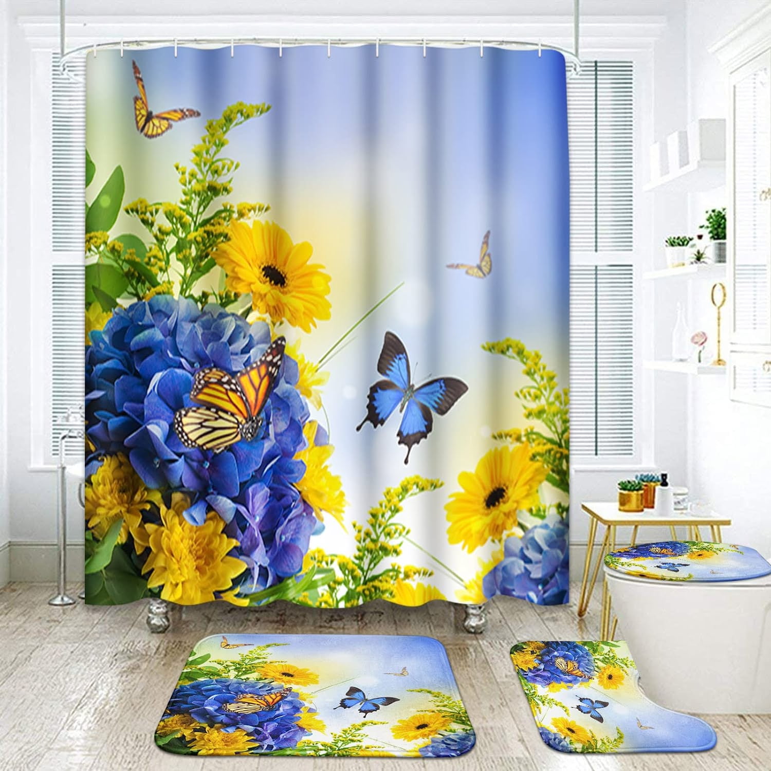 KXMDXA Butterflies Blue Hydrangeas Yellow Floral Blossom Green Leaf ...
