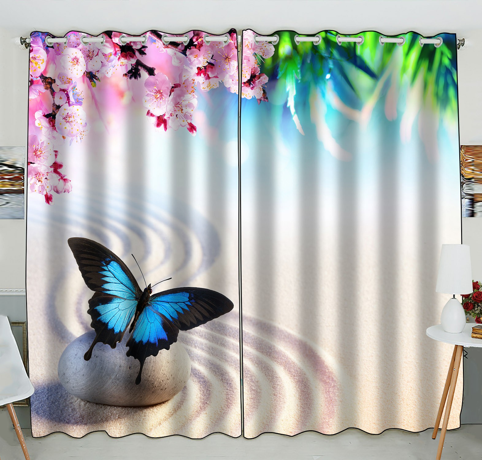 KXMDXA Butterfly In Japanese Rock Garden Sakura Blossoms Grommet ...