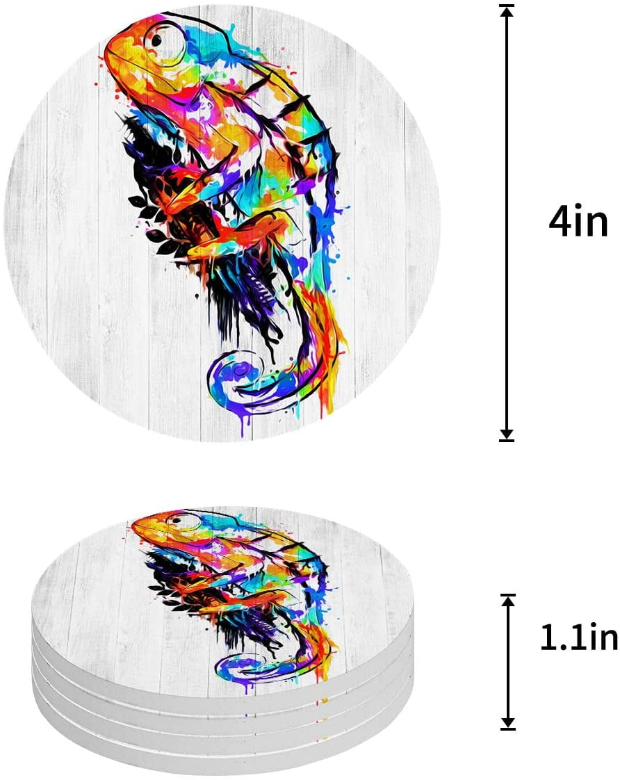 KXMDXA Colorful Chameleon on Wooden Board Set of 8 Round Coaster for ...