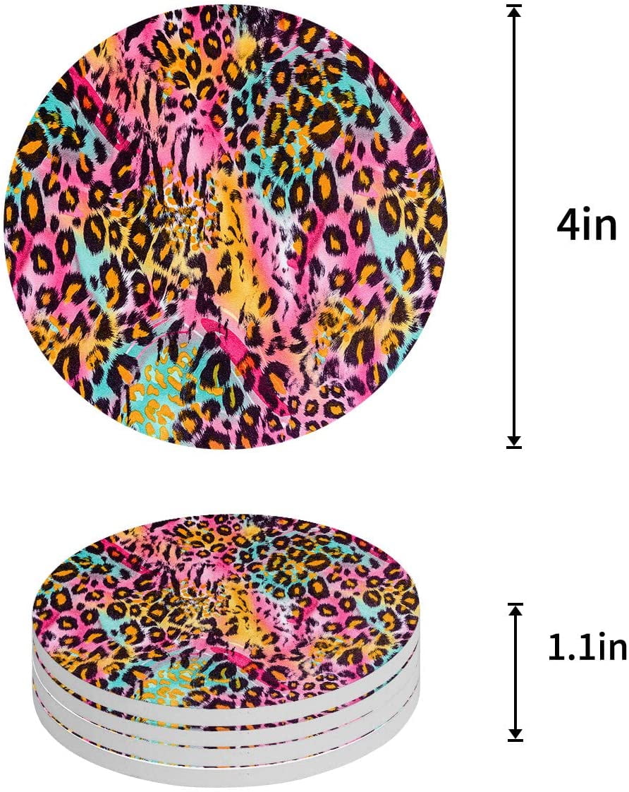 KXMDXA Colorful Leopard Print Set of 4 Round Coaster for Drinks ...