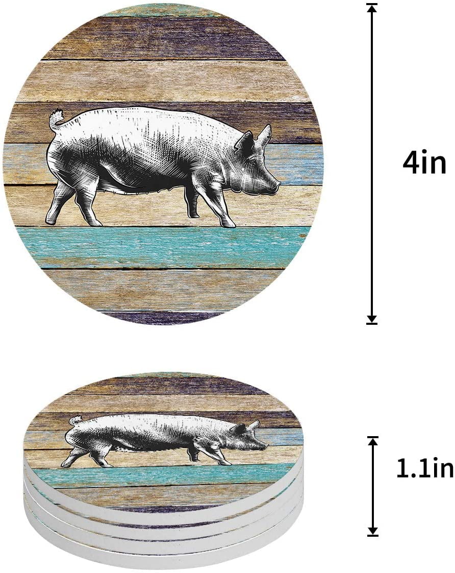 KXMDXA Country Style Farm Pig on Wood Board Set of 4 Round Coaster for ...