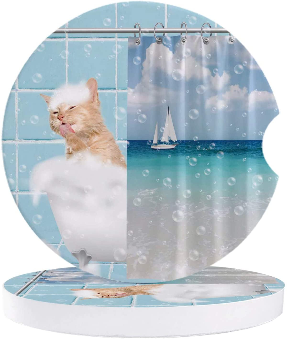 KXMDXA Cute Cat Take A Shower with Bubble Set of 6 Car Coaster for ...