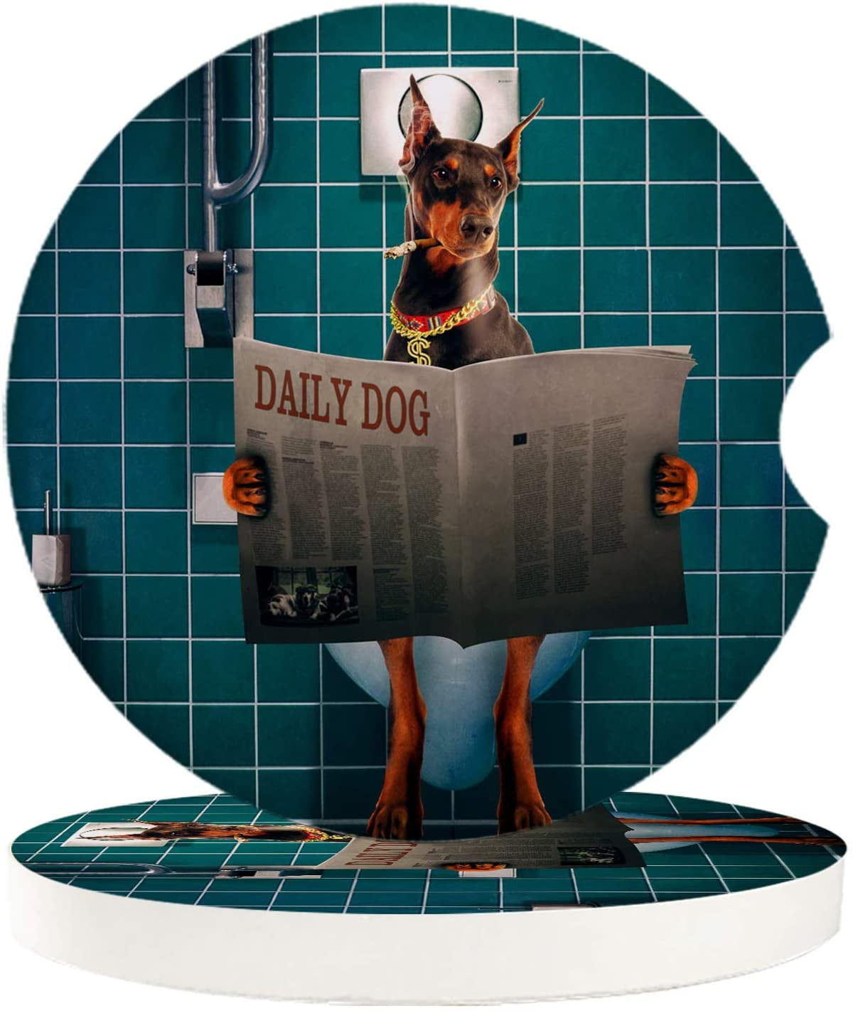 KXMDXA Doberman Sitting on The Toilet Reading Newspaper Set of 6 Car ...