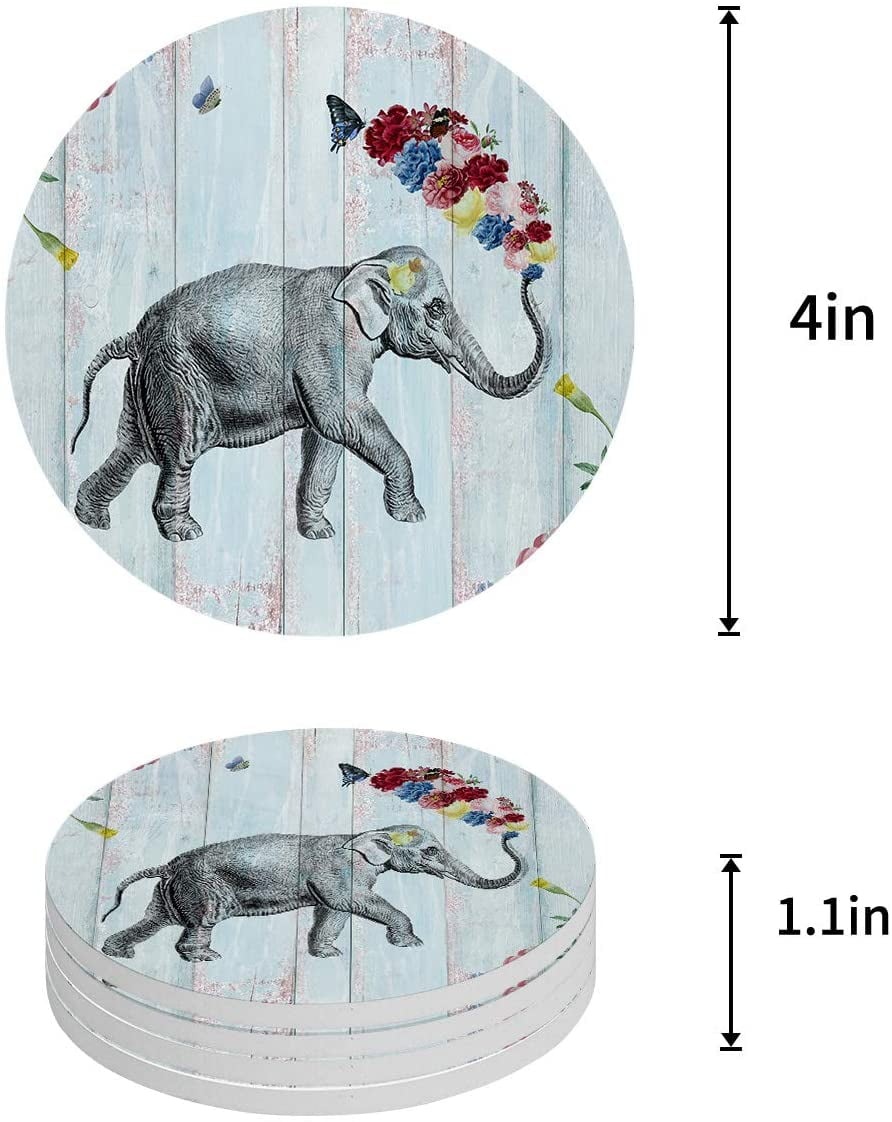 KXMDXA Elephant Foral Wood Plank Art Design Set of 6 Round Coaster for ...