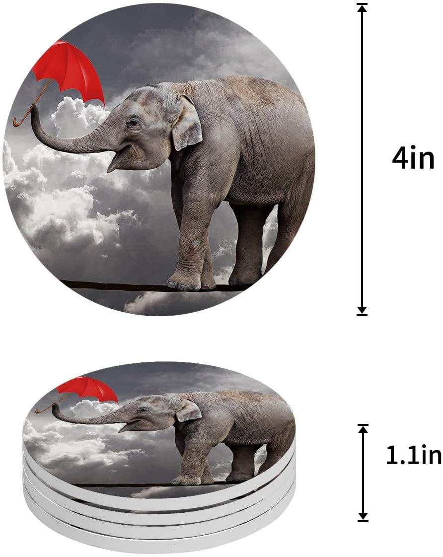 KXMDXA Elephant Set of 4 Round Coaster for Drinks, Absorbent Ceramic ...