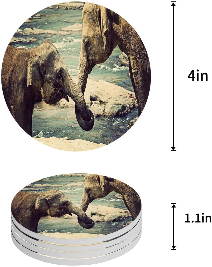 KXMDXA Elephant Set of 4 Round Coaster for Drinks, Absorbent Ceramic ...