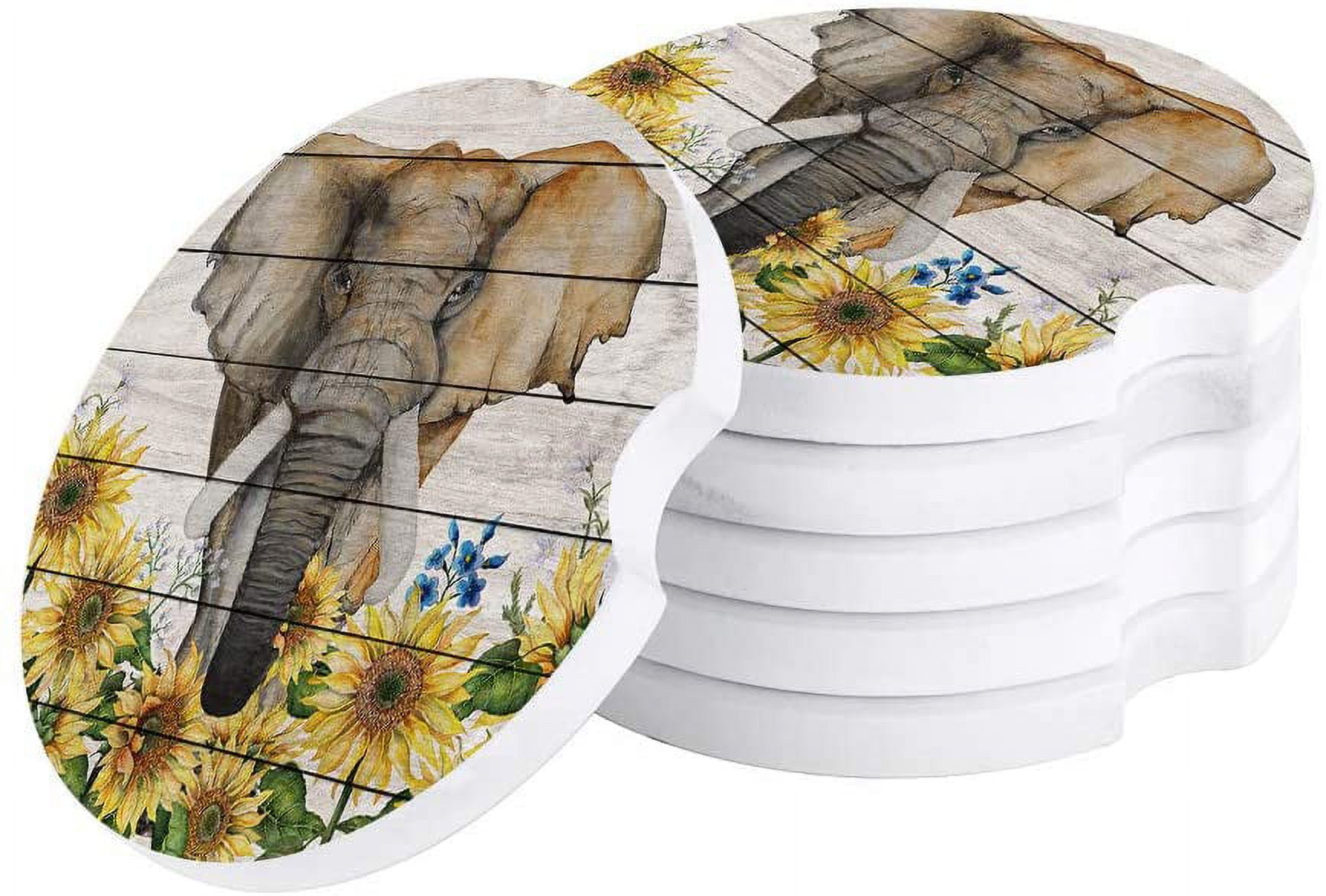 KXMDXA Elephant and Sunflower on Wood Grain Set of 4 Car Coaster for ...