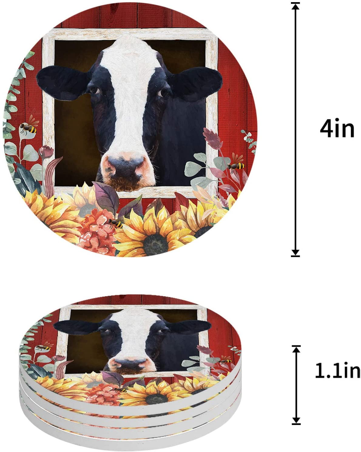 KXMDXA Farm Barn Funny Cattle and Sunflower Set of 6 Round Coaster for ...