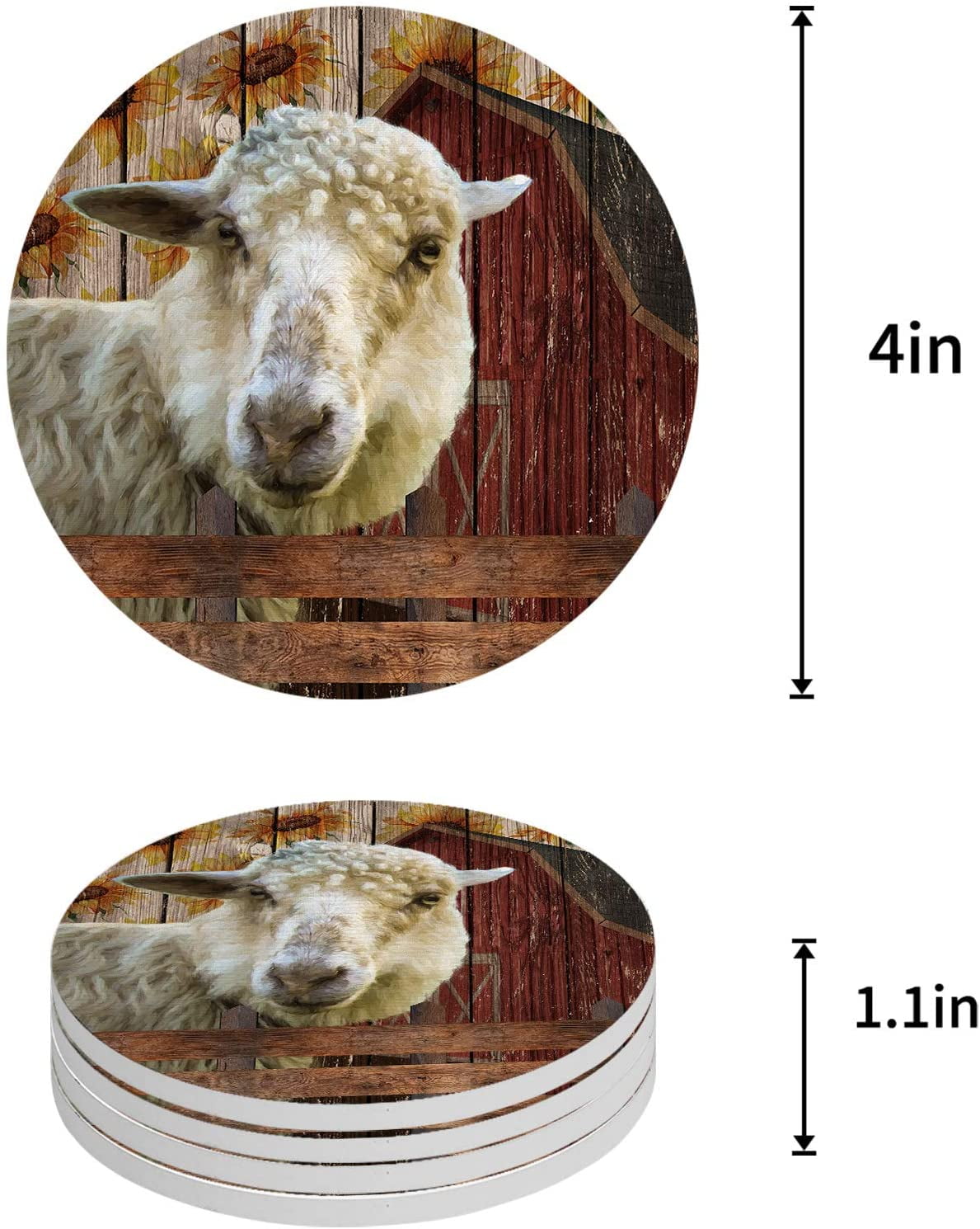 KXMDXA Farm Sheep Retro Barn and Sunflower Set of 4 Round Coaster for ...
