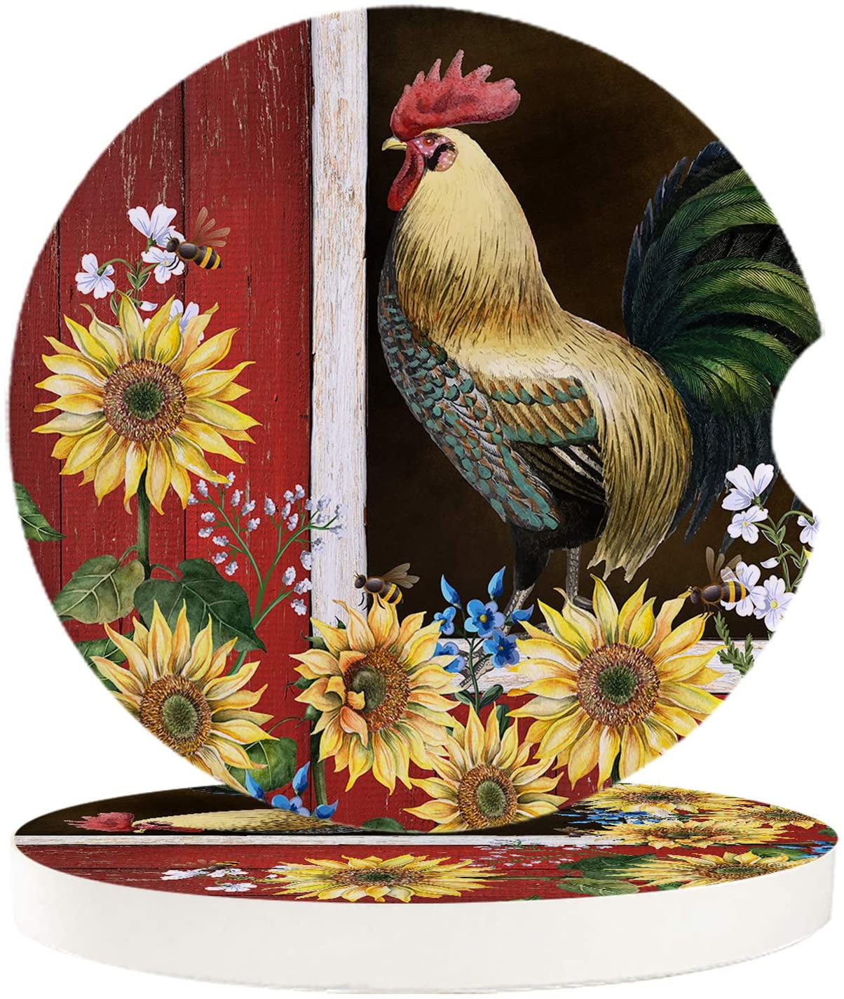 KXMDXA Farm Sunflower Chicken and Red Barn Set of 6 Car Coaster for ...