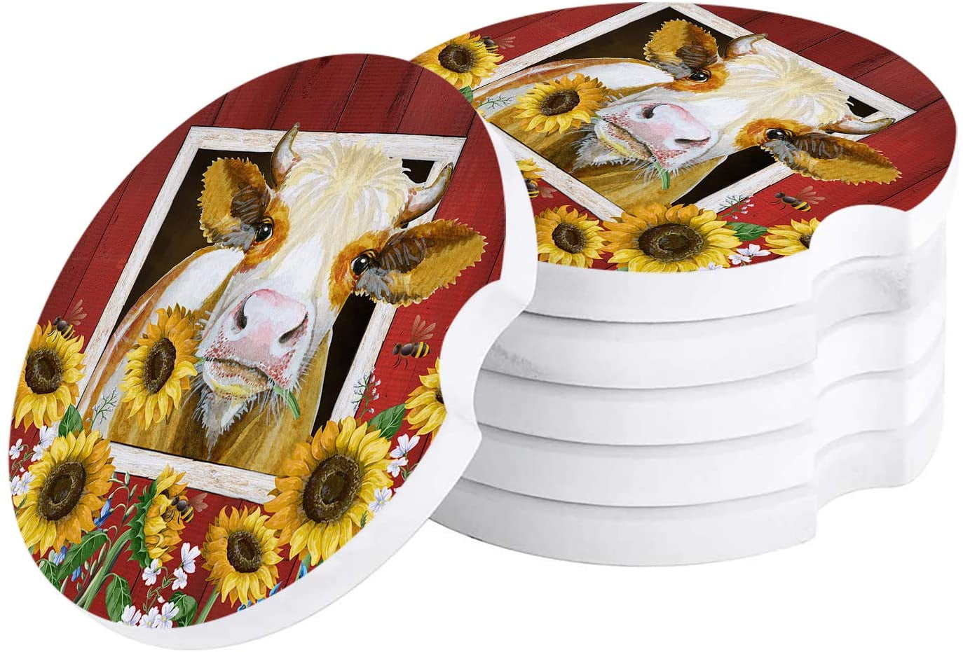 KXMDXA Farm Theme Cow Red Barn and Sunflower Set of 2 Car Coaster for ...