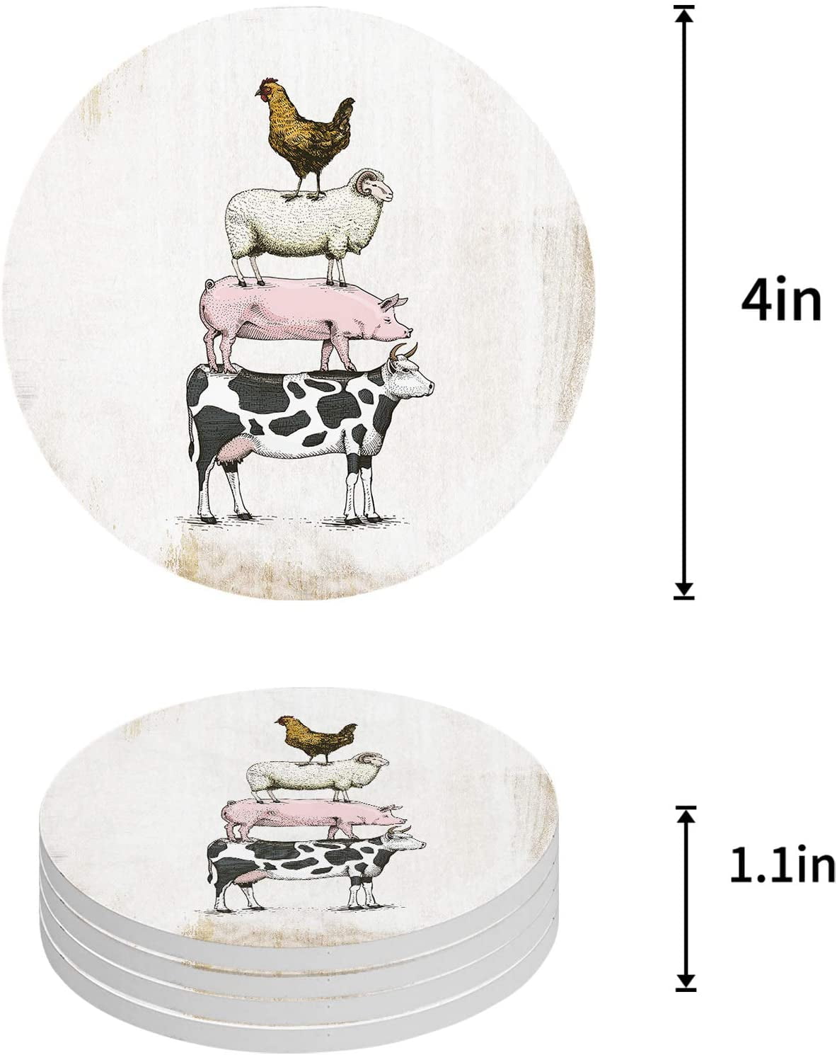 KXMDXA Farm Theme Pattern Retro Set of 8 Round Coaster for Drinks ...