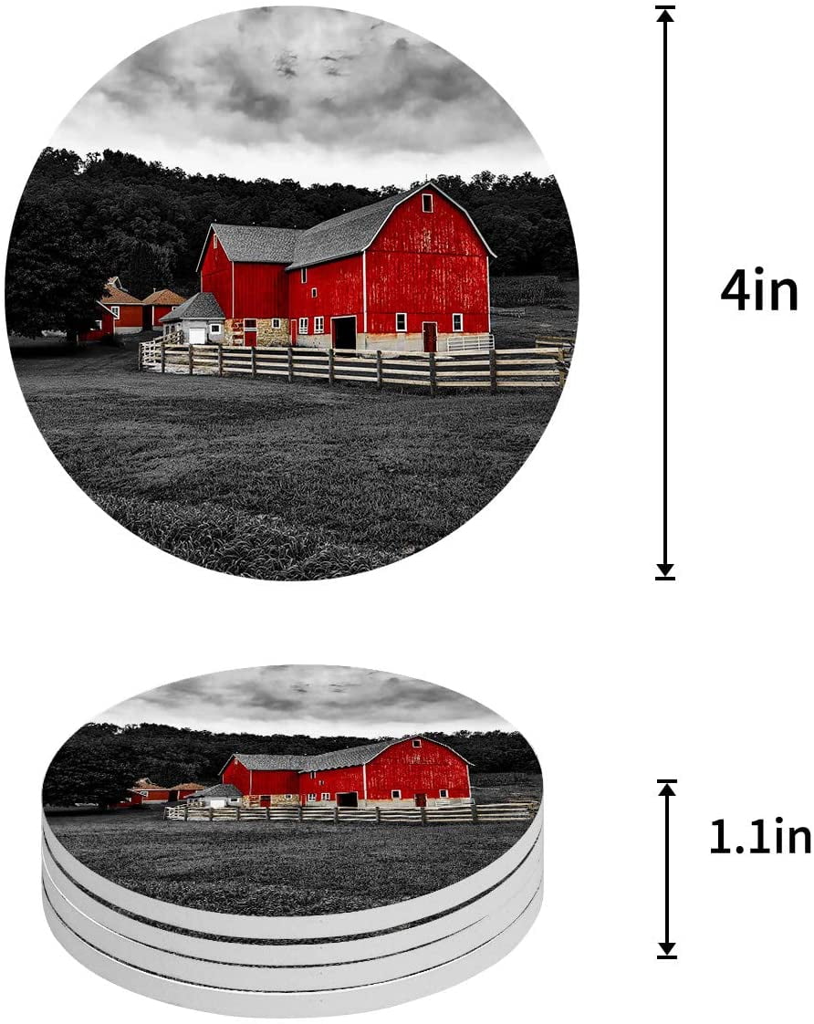 KXMDXA Farm Theme Retro Red Barn Set of 4 Round Coaster for Drinks ...