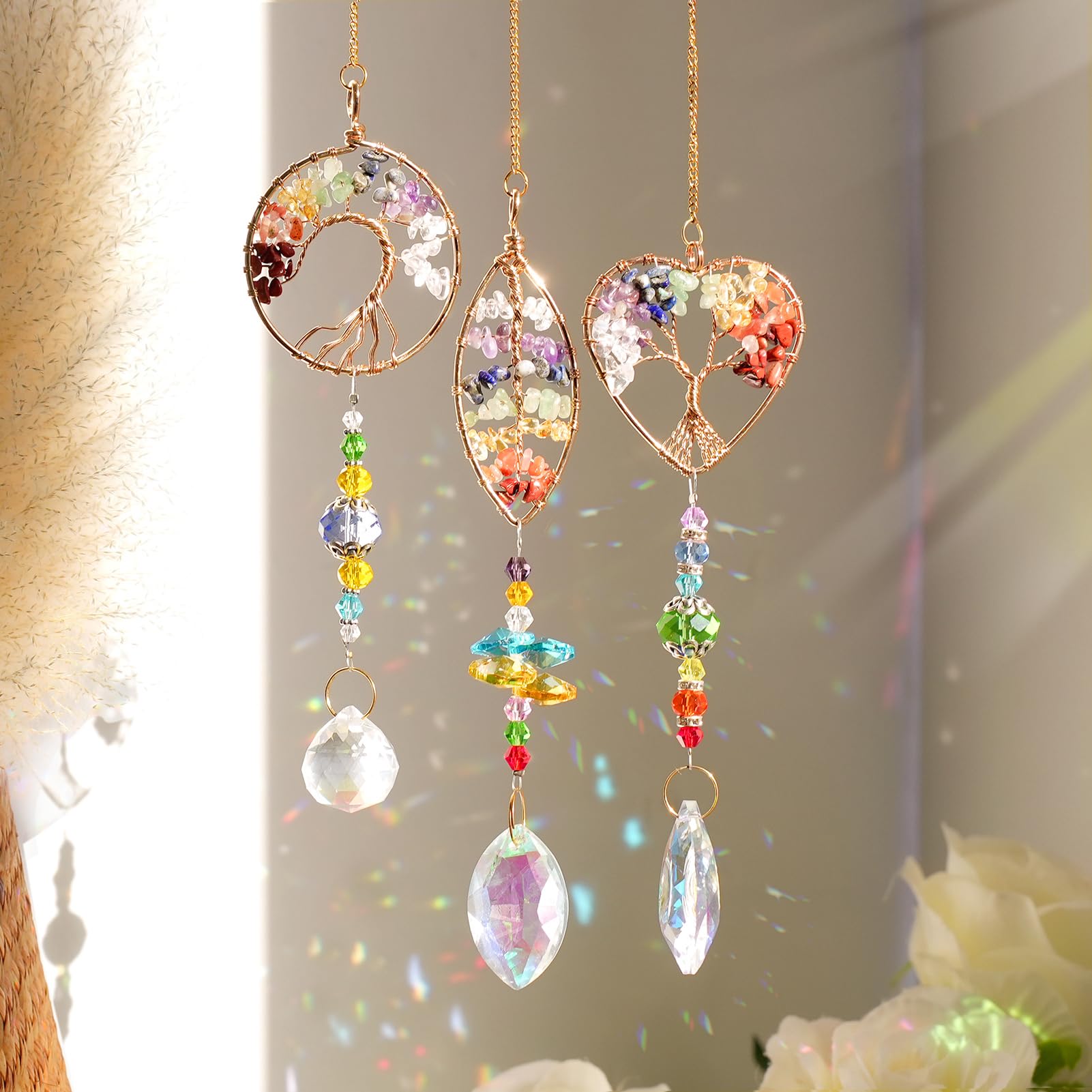 KY 3pcs Tree of Life Chakra Crystal Suncatcher Windows Hanging Gloden ...