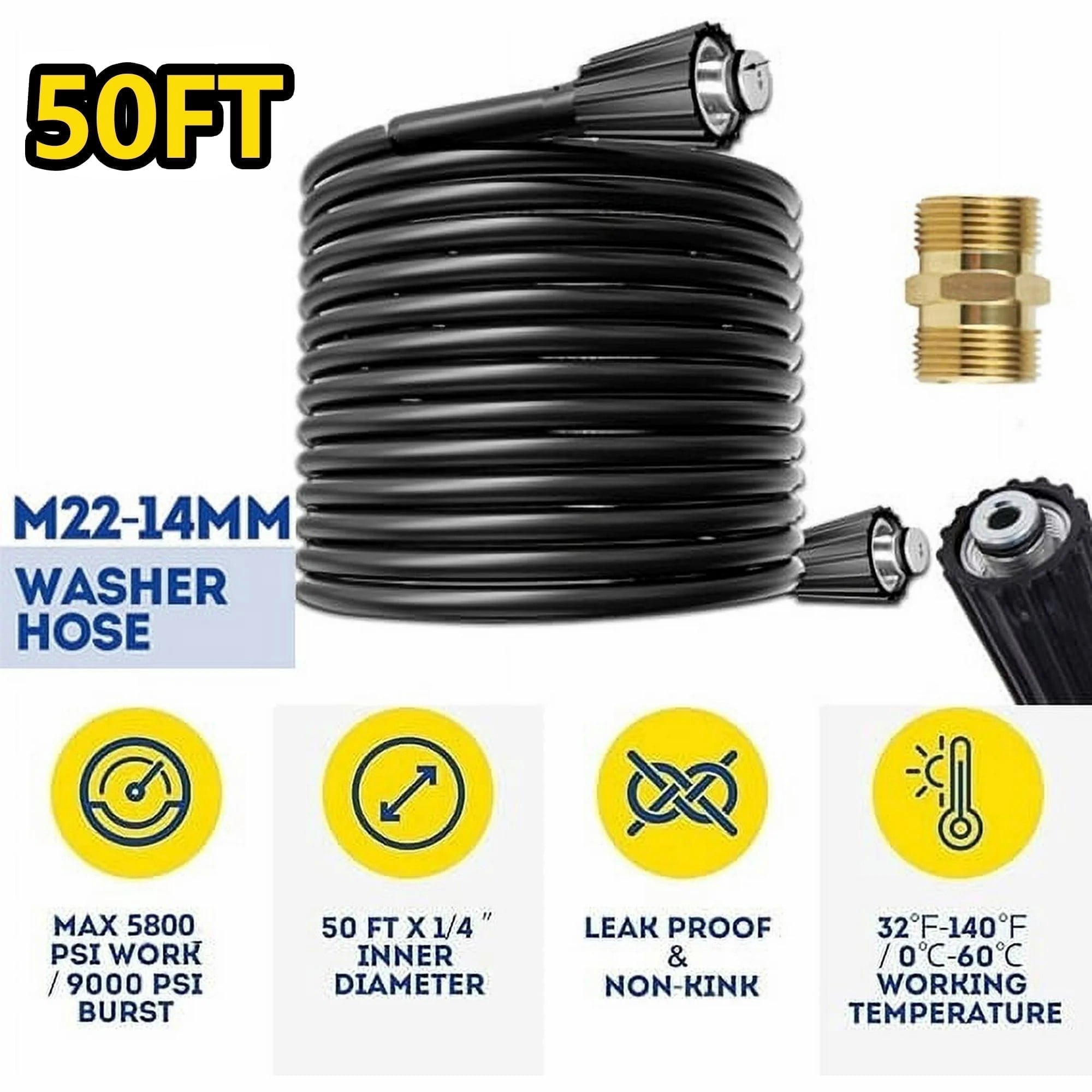 KY Kink Resistant 50 ft Pressure Washer Hose, 5800 PSI, M22-14mm ...