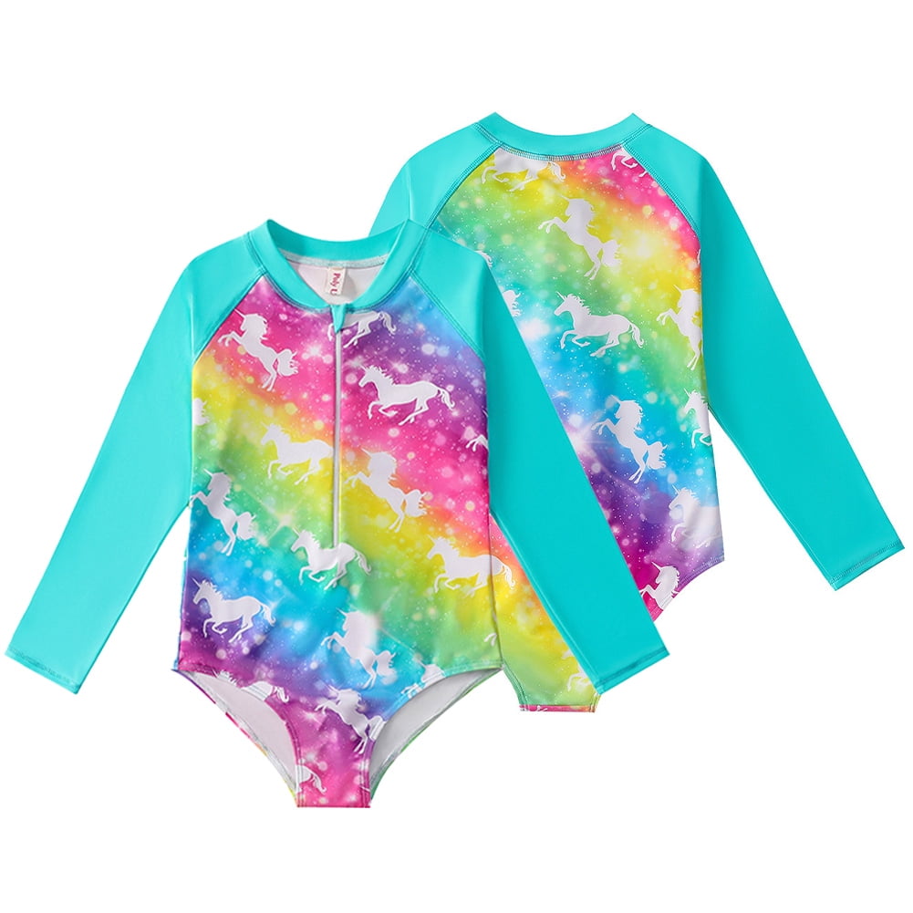KYAIGUO 4-12 Years Girls One Piece Swimsuits Long Sleeve Rash Guard ...
